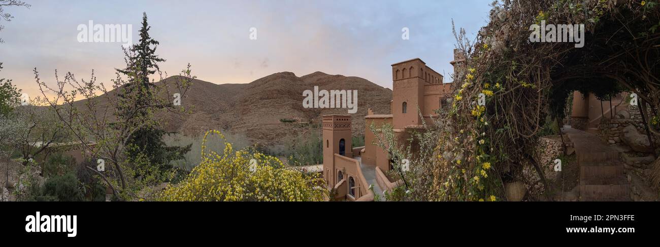 Morocco: pink sunset, fairy tale view of the High Atlas Mountains from ...
