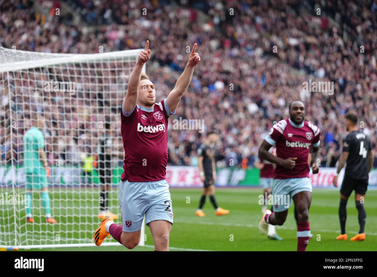 West Ham United's Jarrod Bowen celebrates scoring their side's second ...