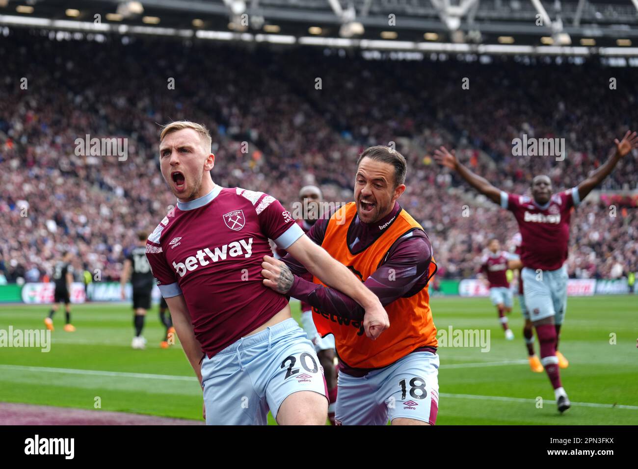 West Ham United's Jarrod Bowen celebrates scoring their side's second ...