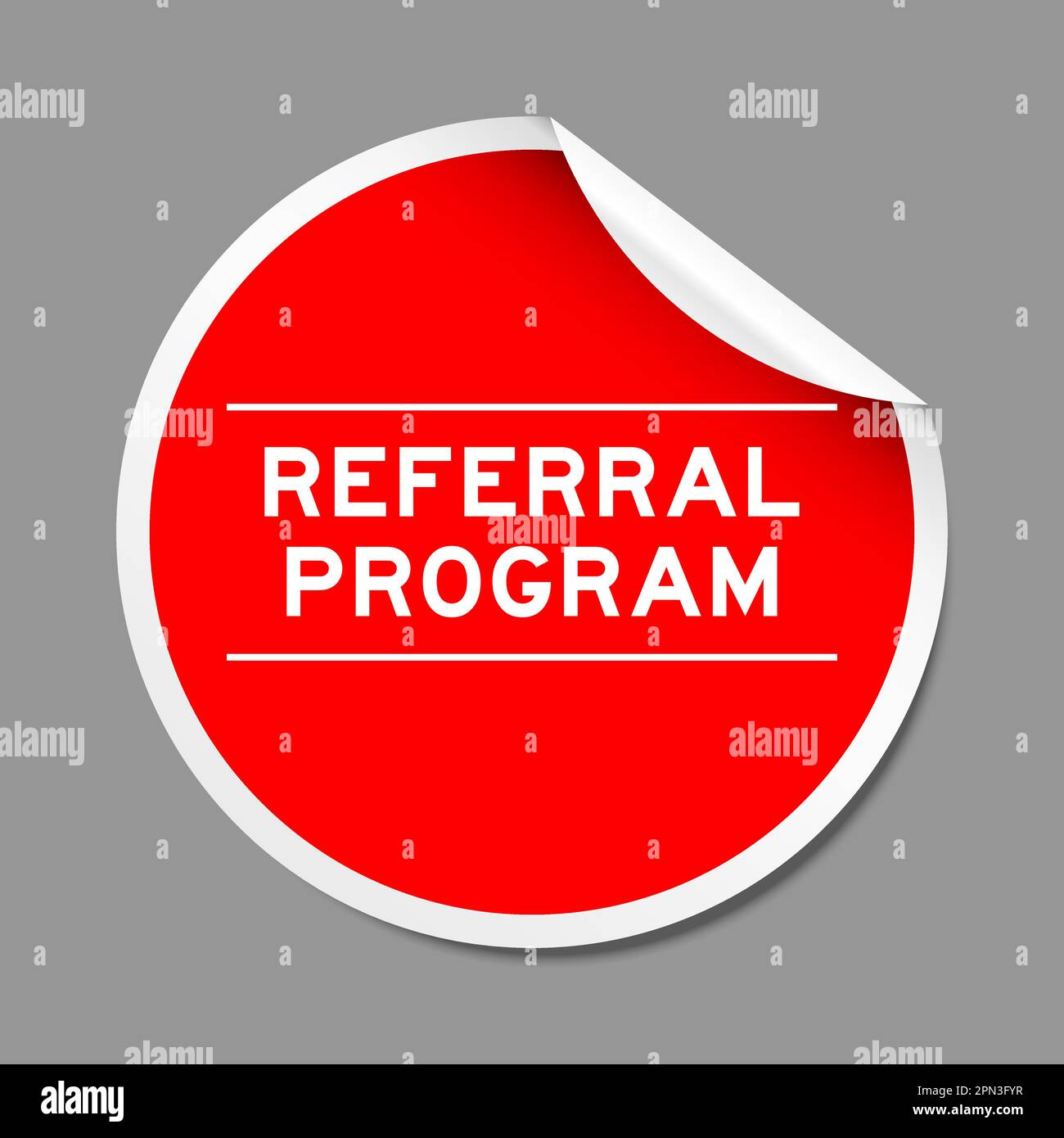 Red color peel sticker label with word referral program on gray ...