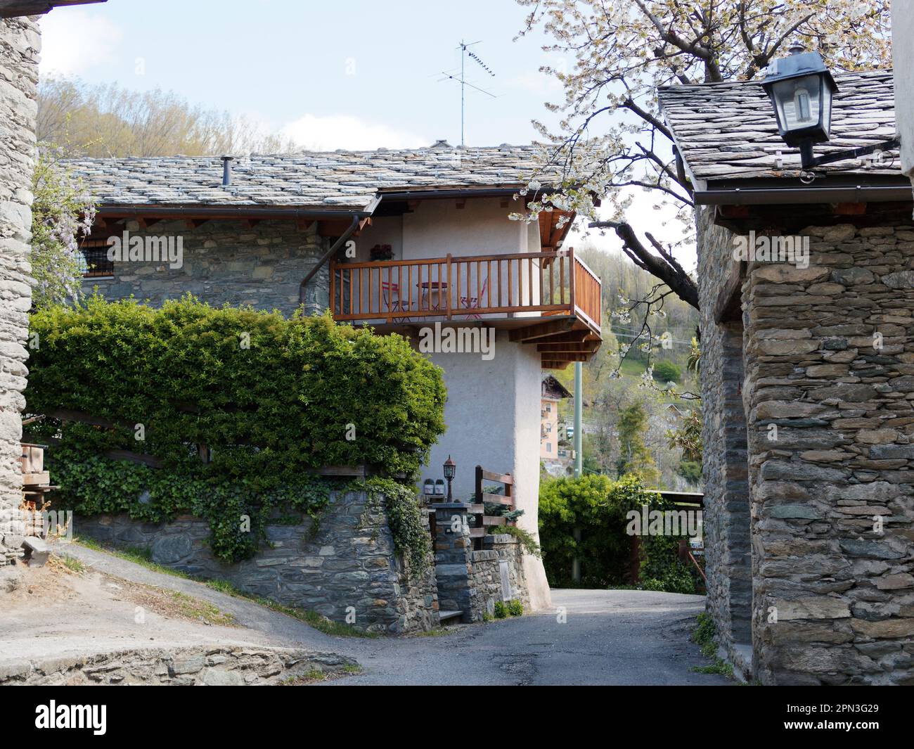 Traditional stone built houses with balcony near Nus in the Aosta ...
