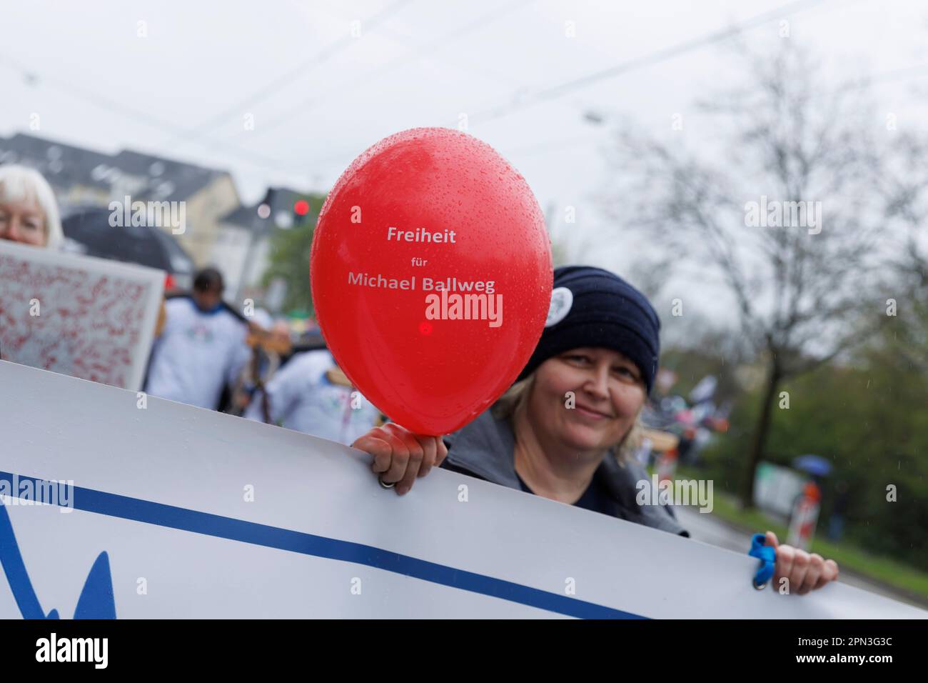 Stuttgart, Germany. 16th Apr, 2023. A demonstrator with a balloon ...
