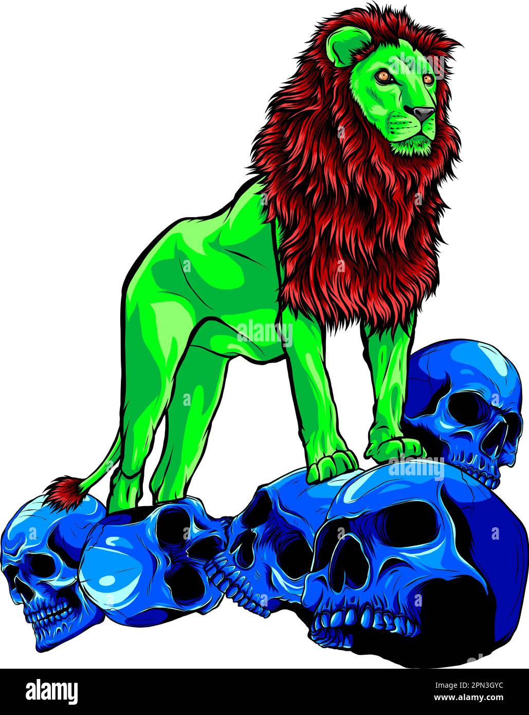 Vector Cartoon Character Mascot Lion On Human Skulls Isolated White