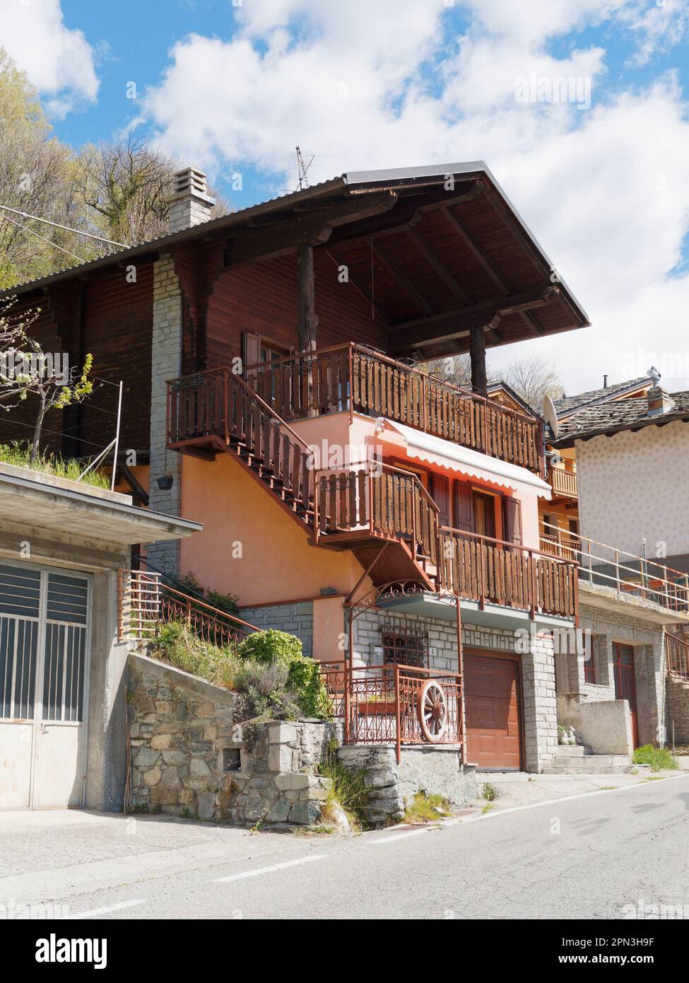 Stone and wood traditional building near Nus in the Aosta Valley, Italy ...
