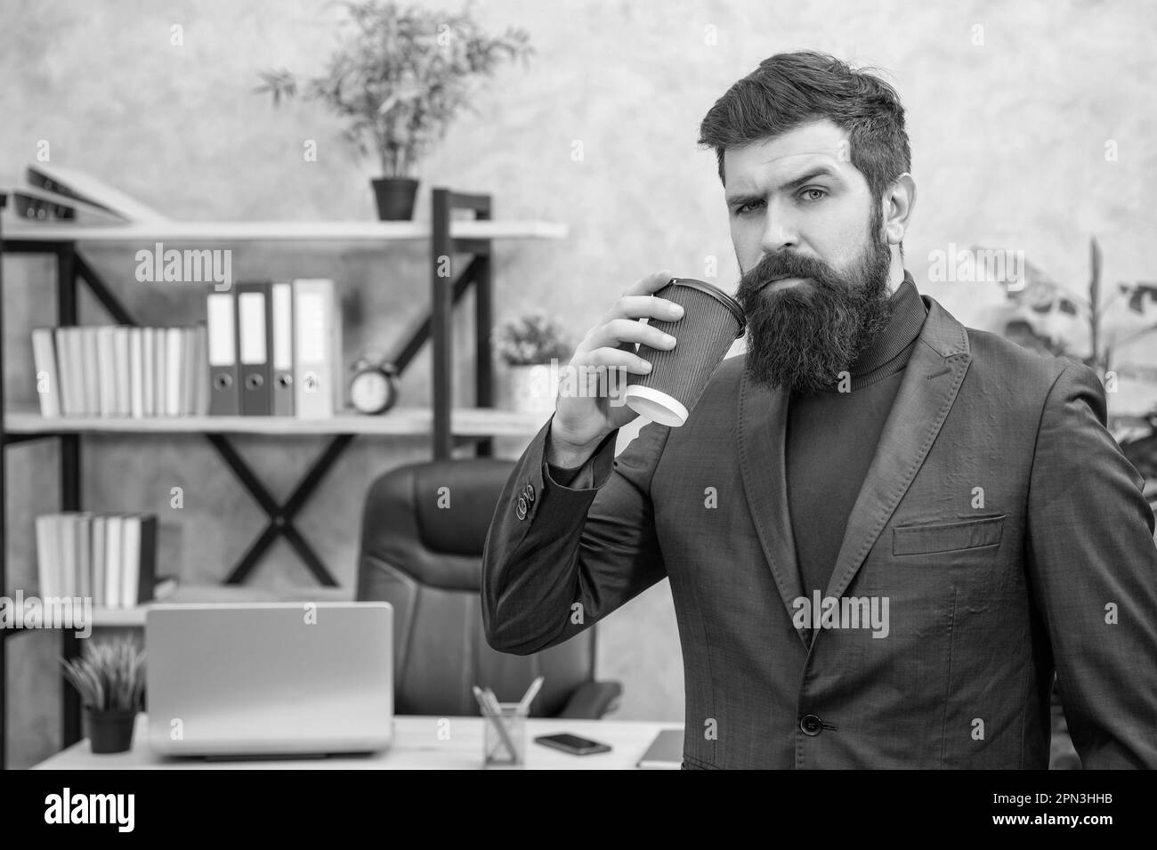 Portrait mature man drinking morning Black and White Stock Photos ...