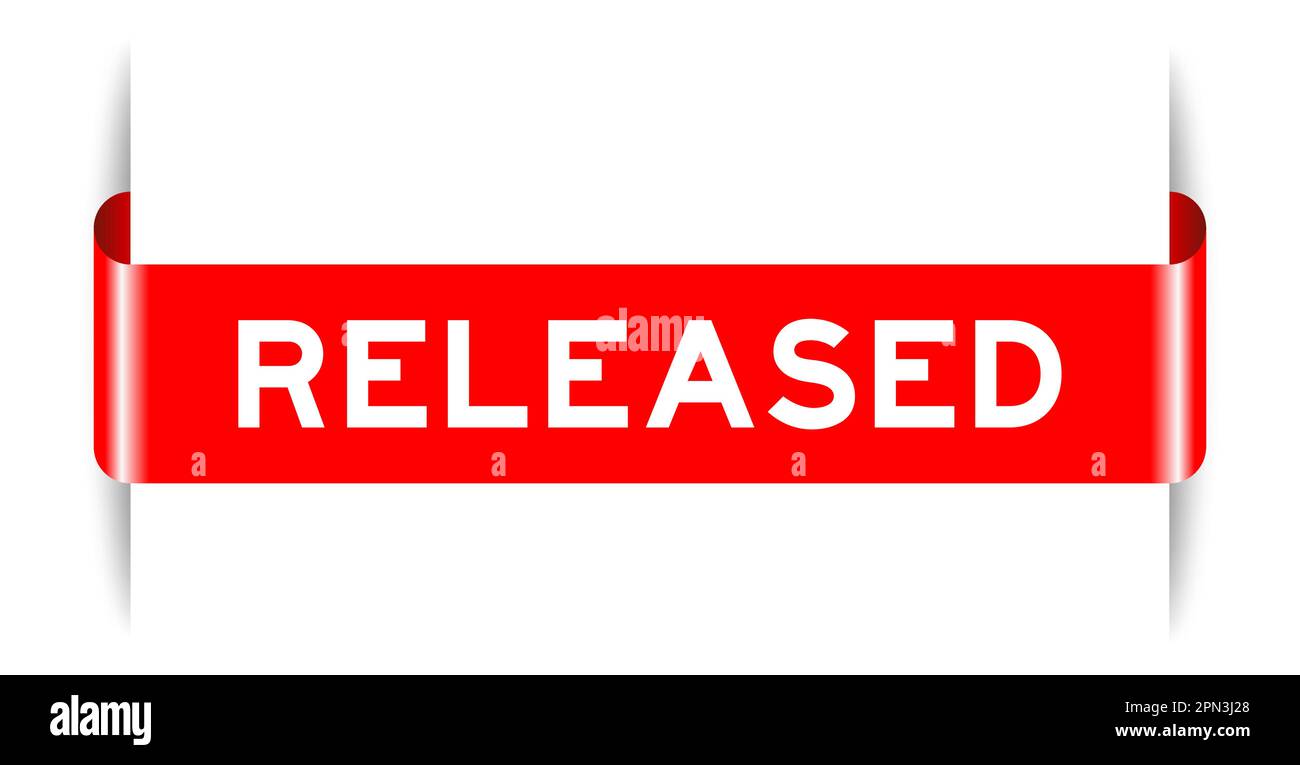 Red color inserted label banner with word released on white background ...