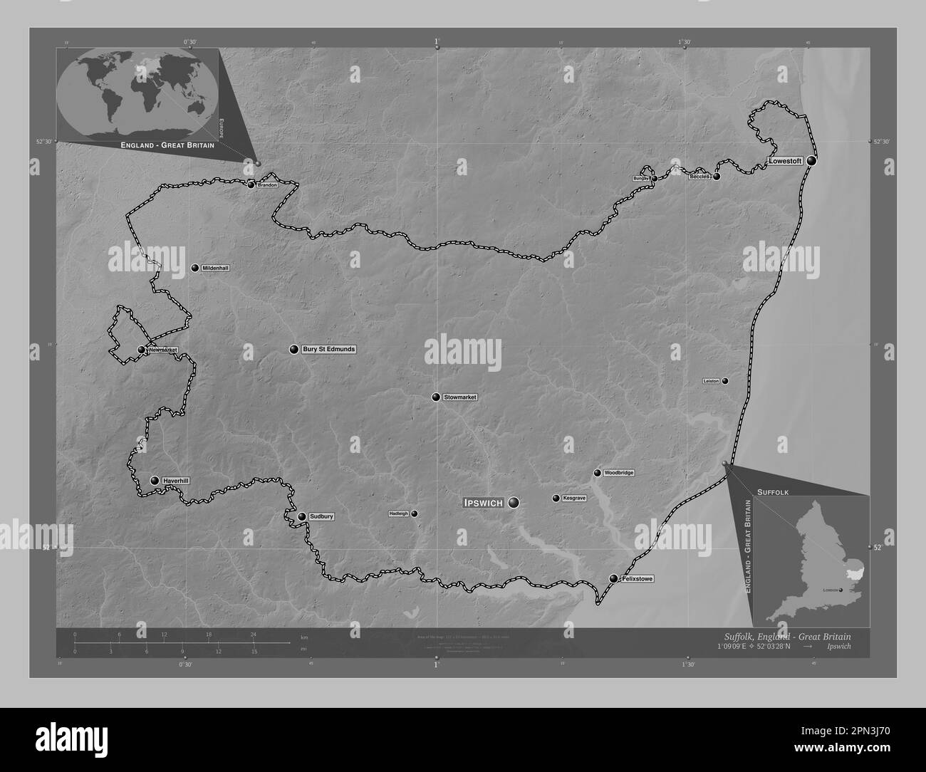 Suffolk, administrative county of England - Great Britain. Grayscale ...