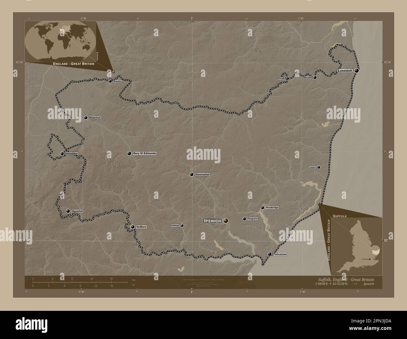 Suffolk, administrative county of England - Great Britain. Elevation ...