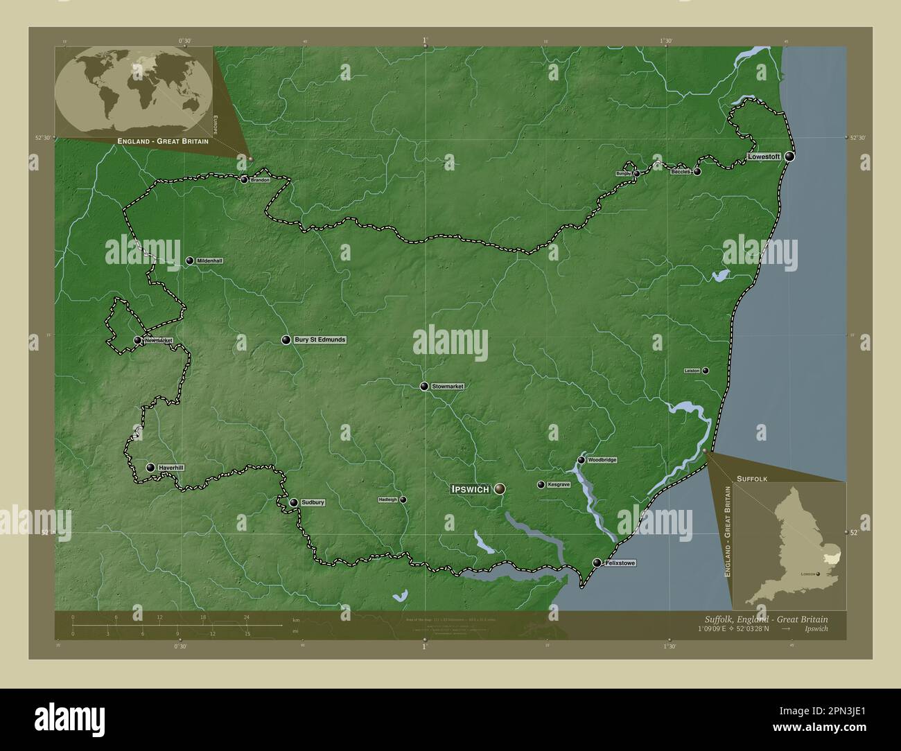 Suffolk, administrative county of England - Great Britain. Elevation ...