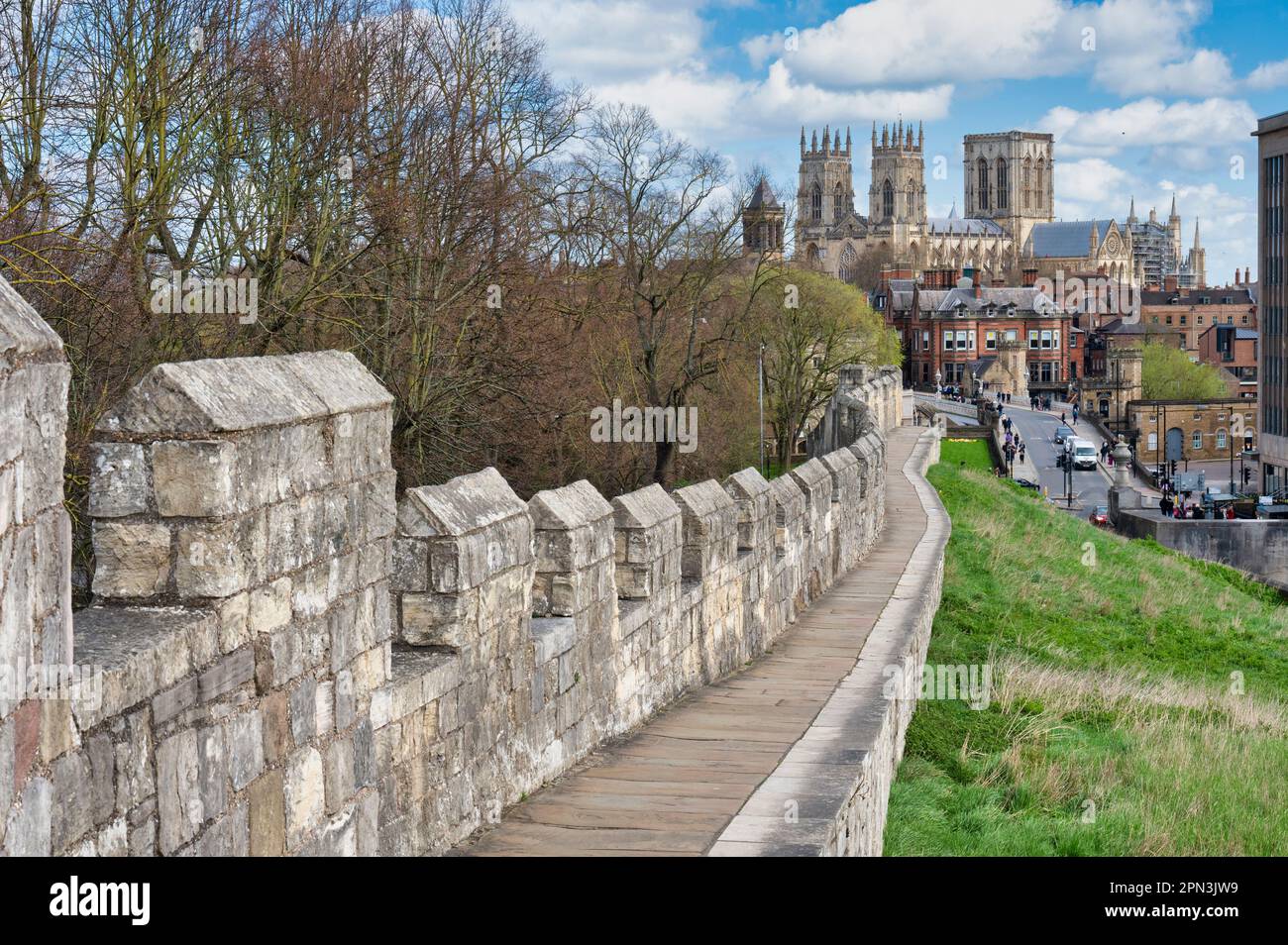 York city landscape looking over the medieval city walls to the church ...