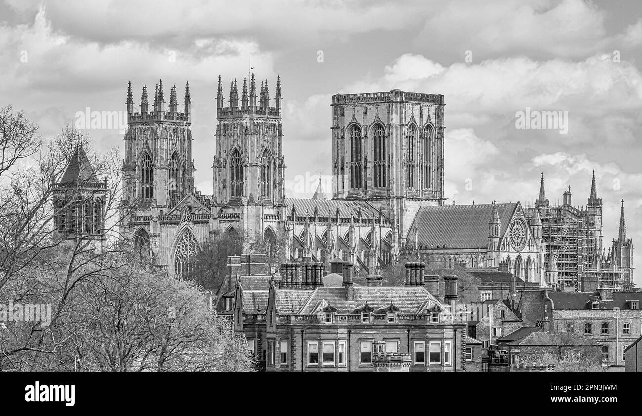 York city landscape looking over the medieval city walls to the church ...