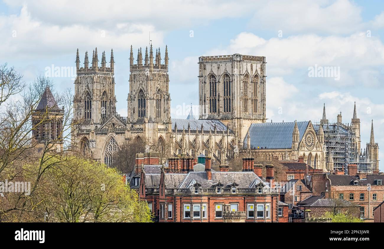 York city landscape looking over the medieval city walls to the church ...