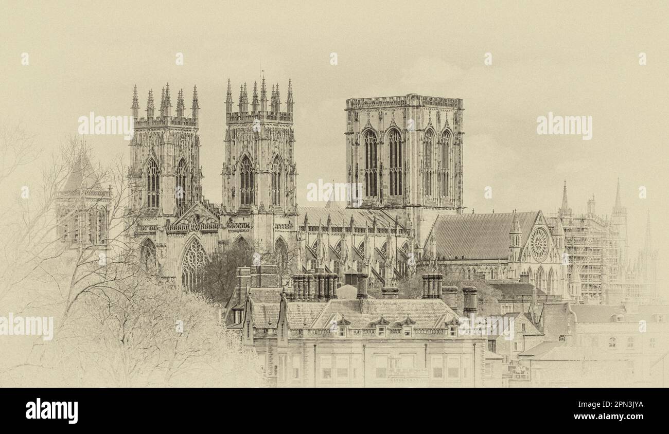 York city landscape looking over the medieval city walls to the church ...