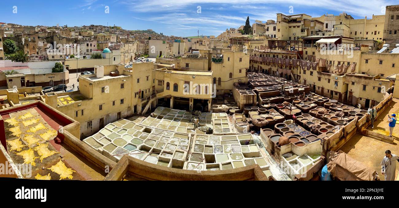 Fes, Morocco, Africa: aerial view of the tannery where workers dye the ...