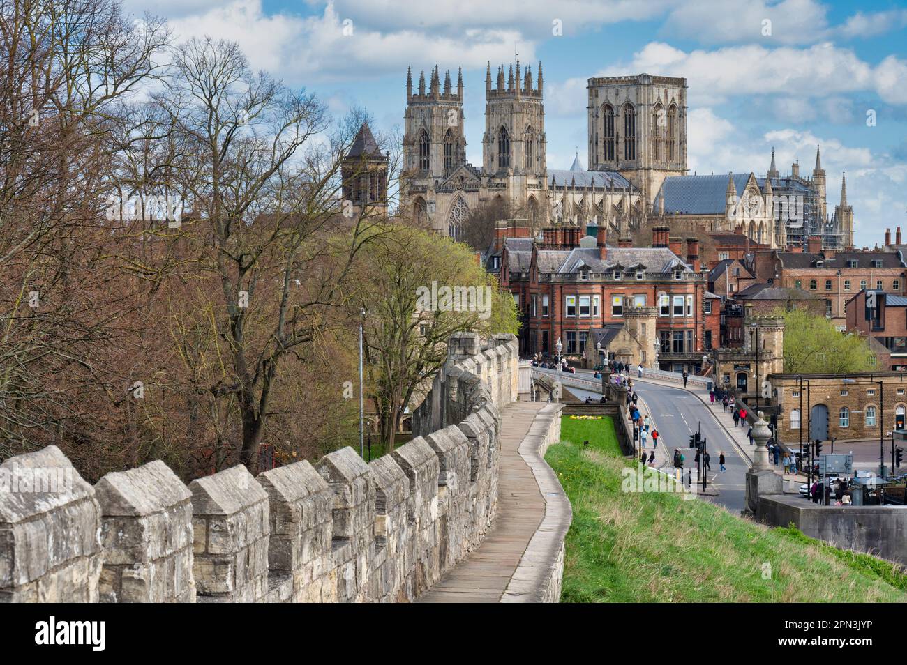 York city landscape looking over the medieval city walls to the church ...