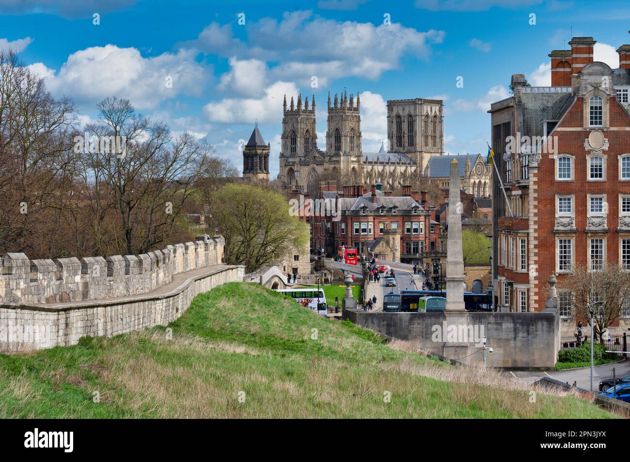 York city landscape looking over the medieval city walls to the church ...