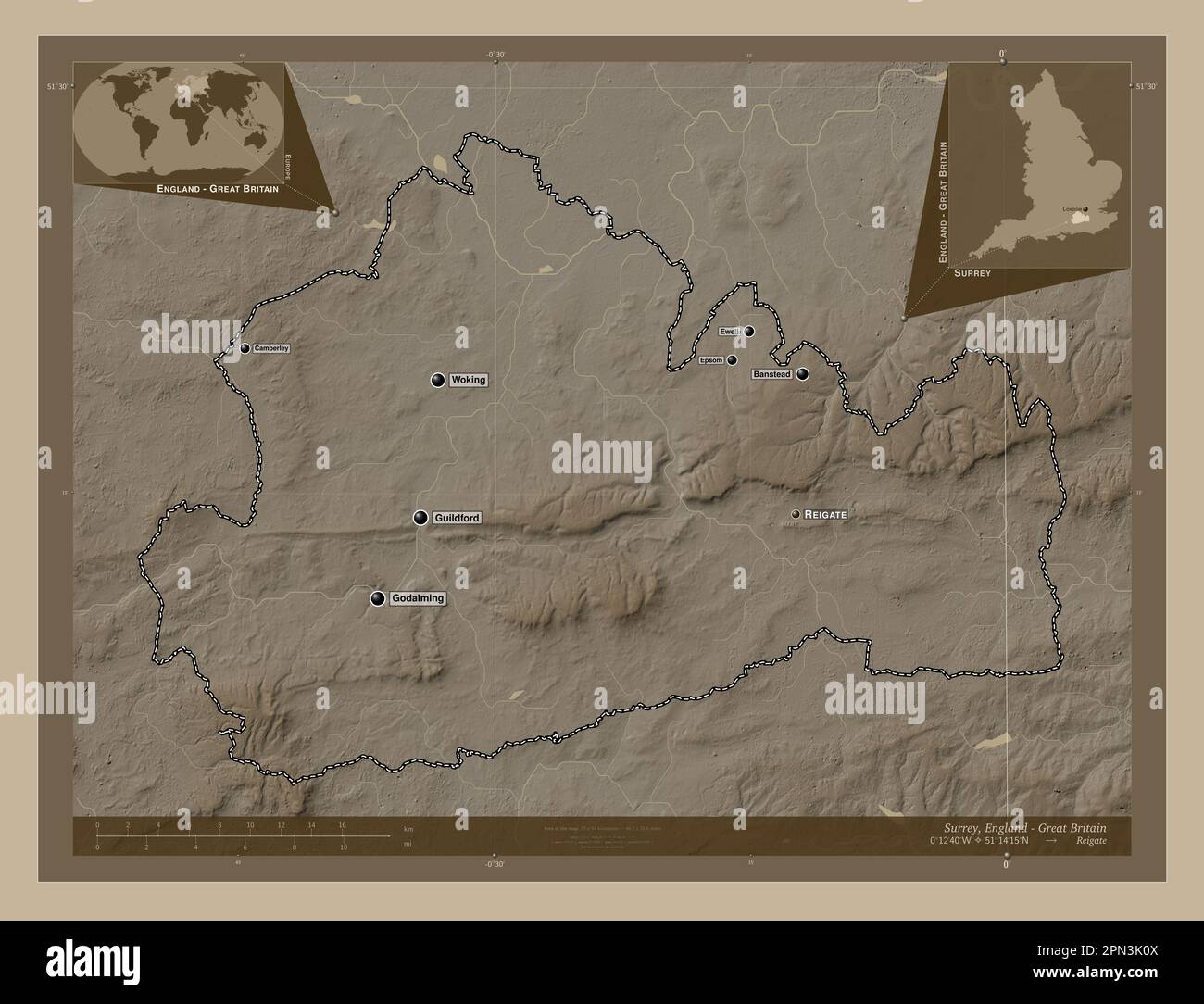Surrey, administrative county of England - Great Britain. Elevation map ...