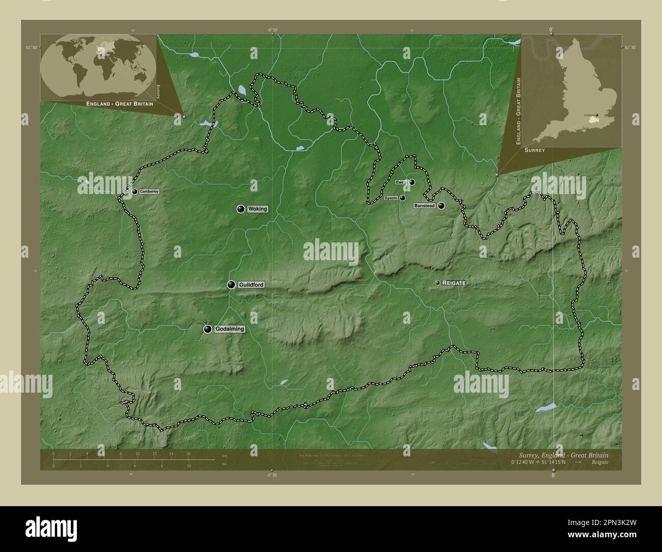 Surrey, administrative county of England - Great Britain. Elevation map ...