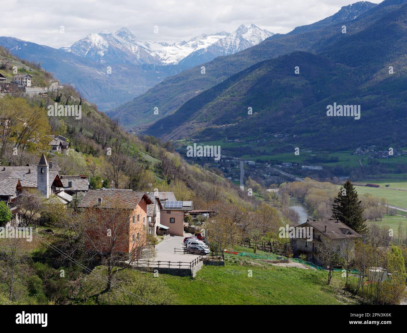Village of Les Grange with its church near Nus in the Aosta Valley ...