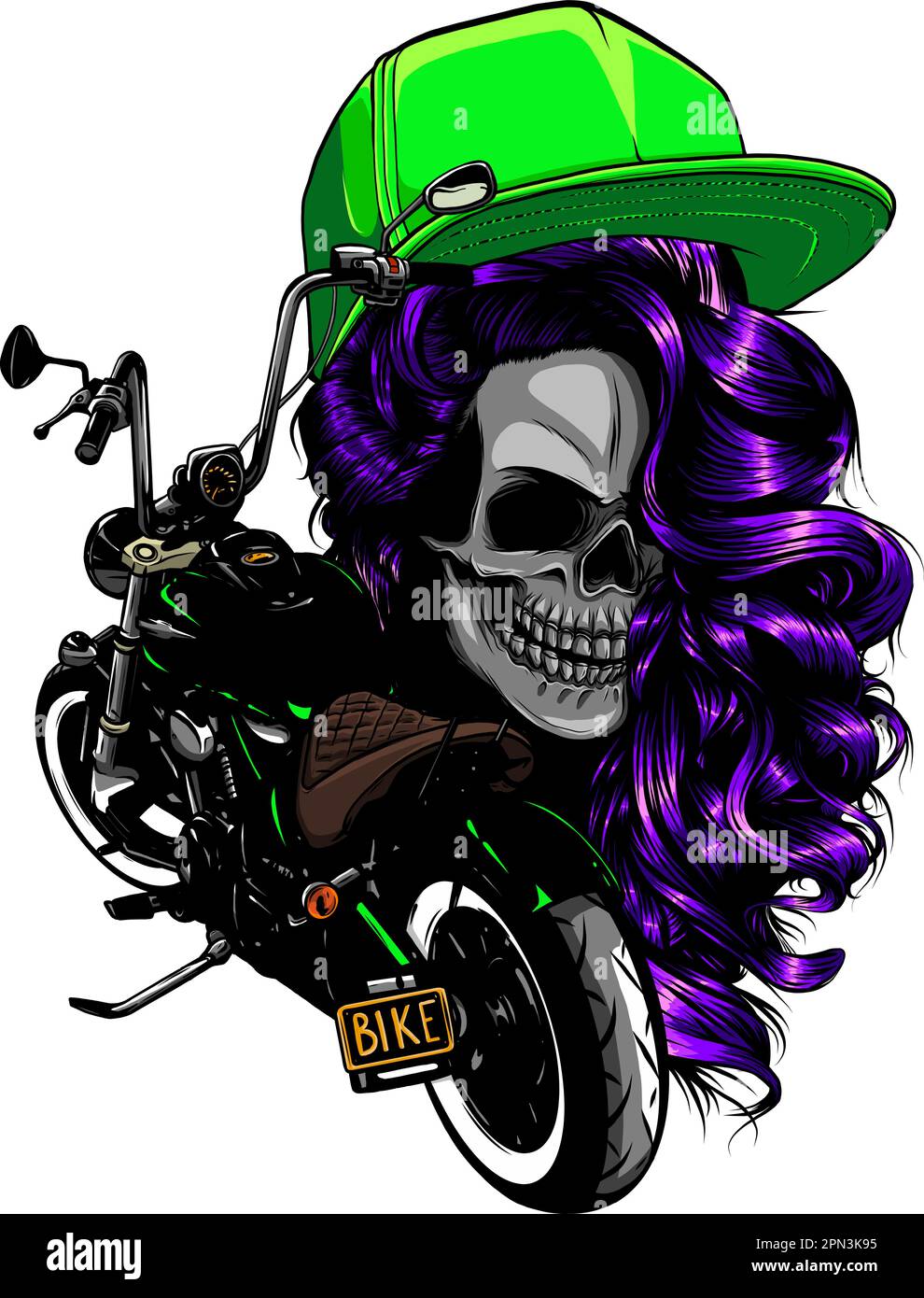 chopper skull biker with retro helmet and custom bike vector ...