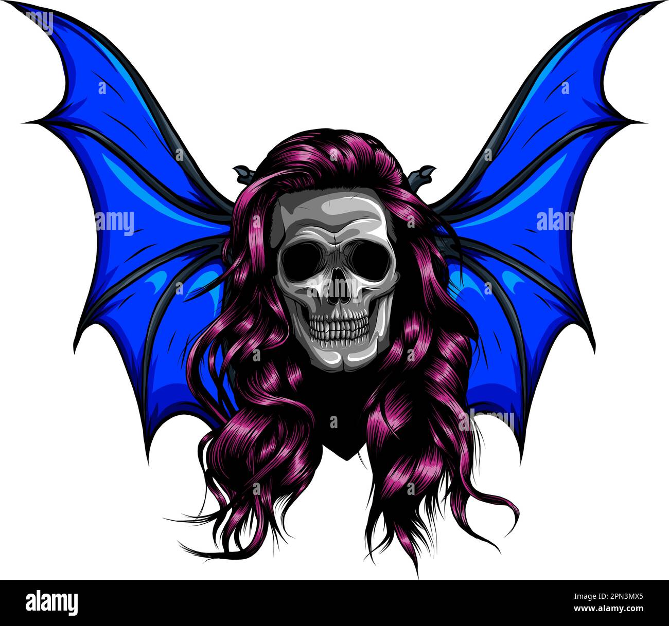 vector illustration of skull and bat wing on white background. digital ...
