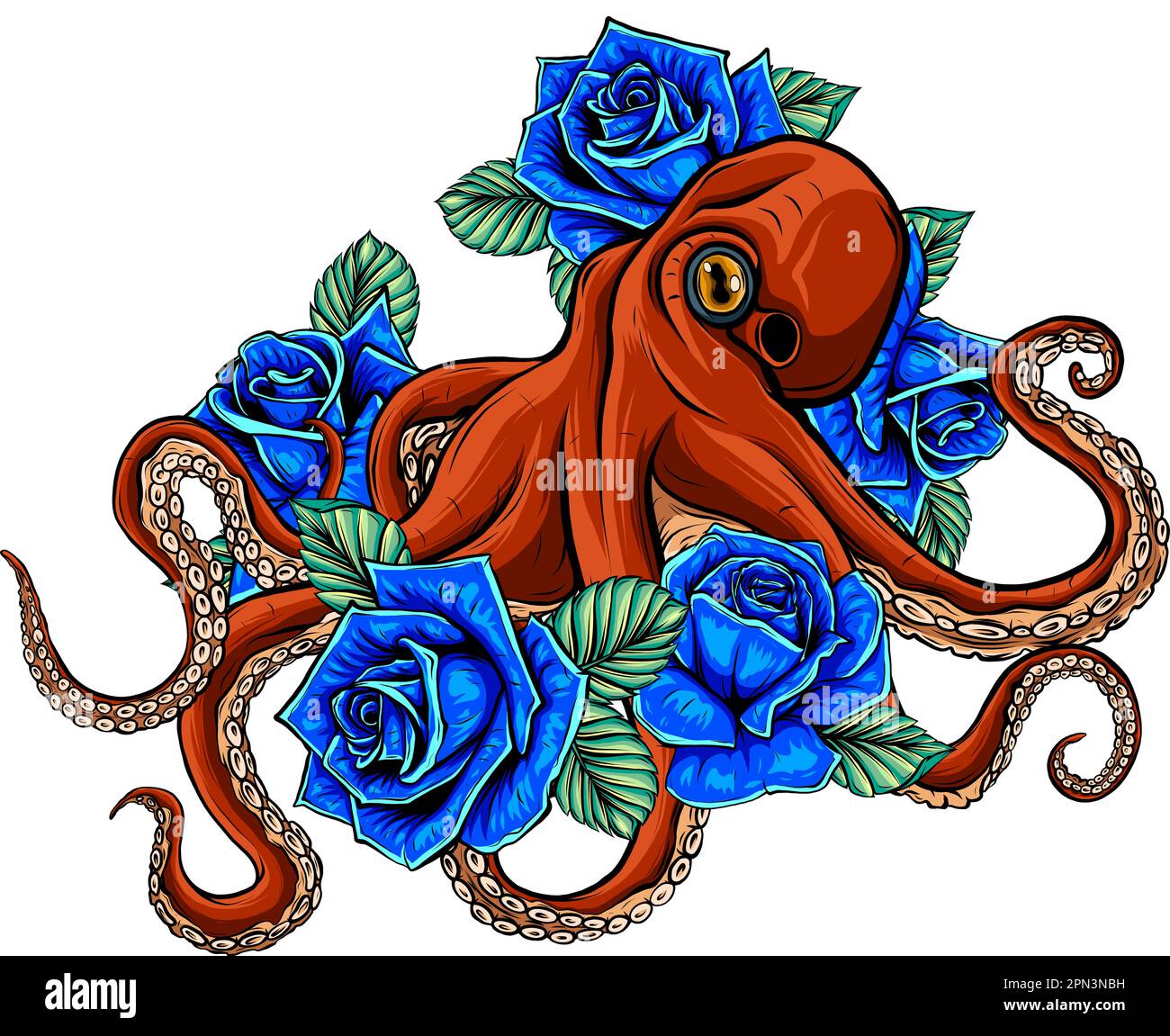 vector illustration of red Octopus with blue rose Flowers on white ...