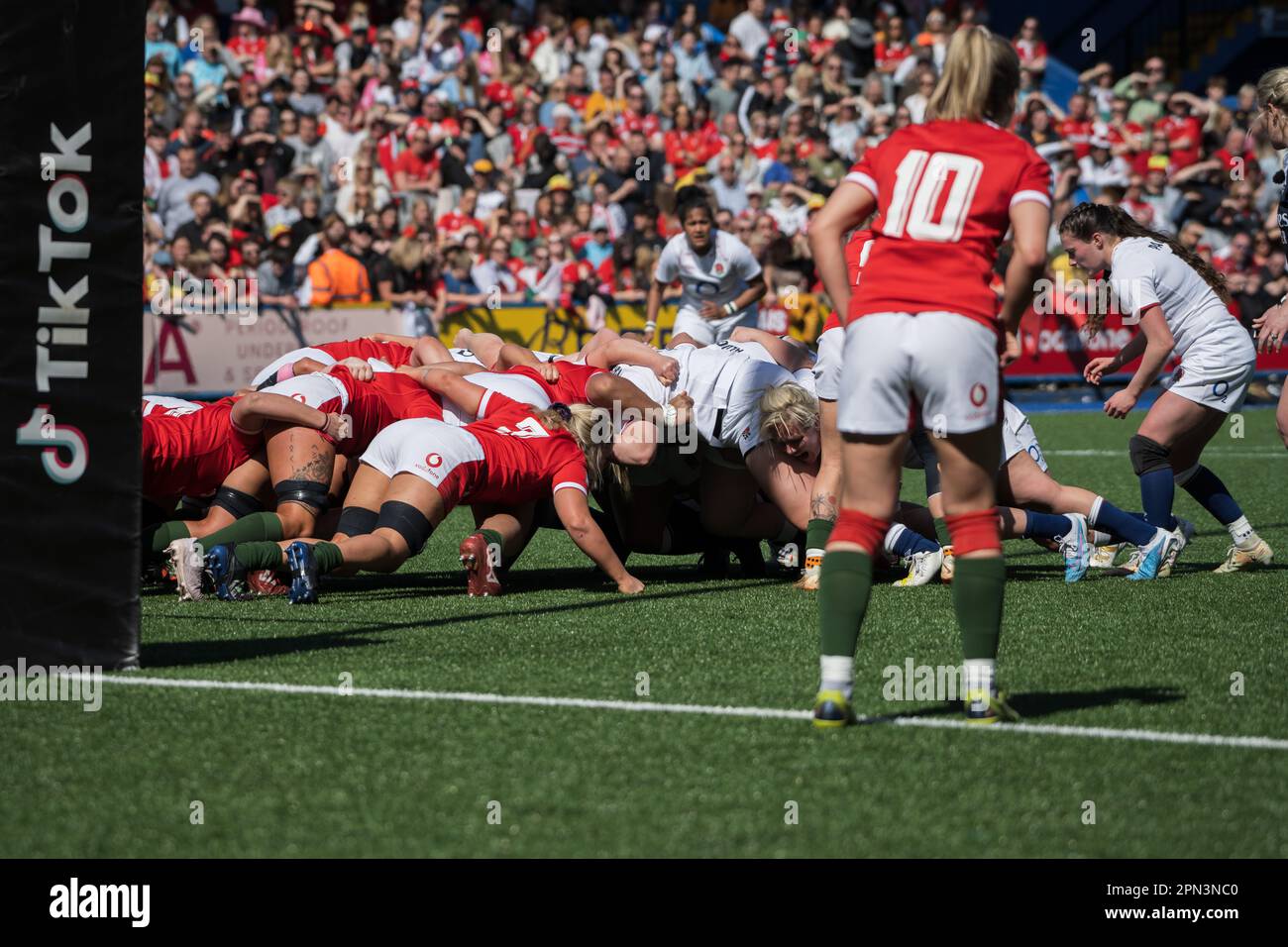 Cardiff, Wales. 15th April 2023. Elinor Snowsill watches over scrum ...