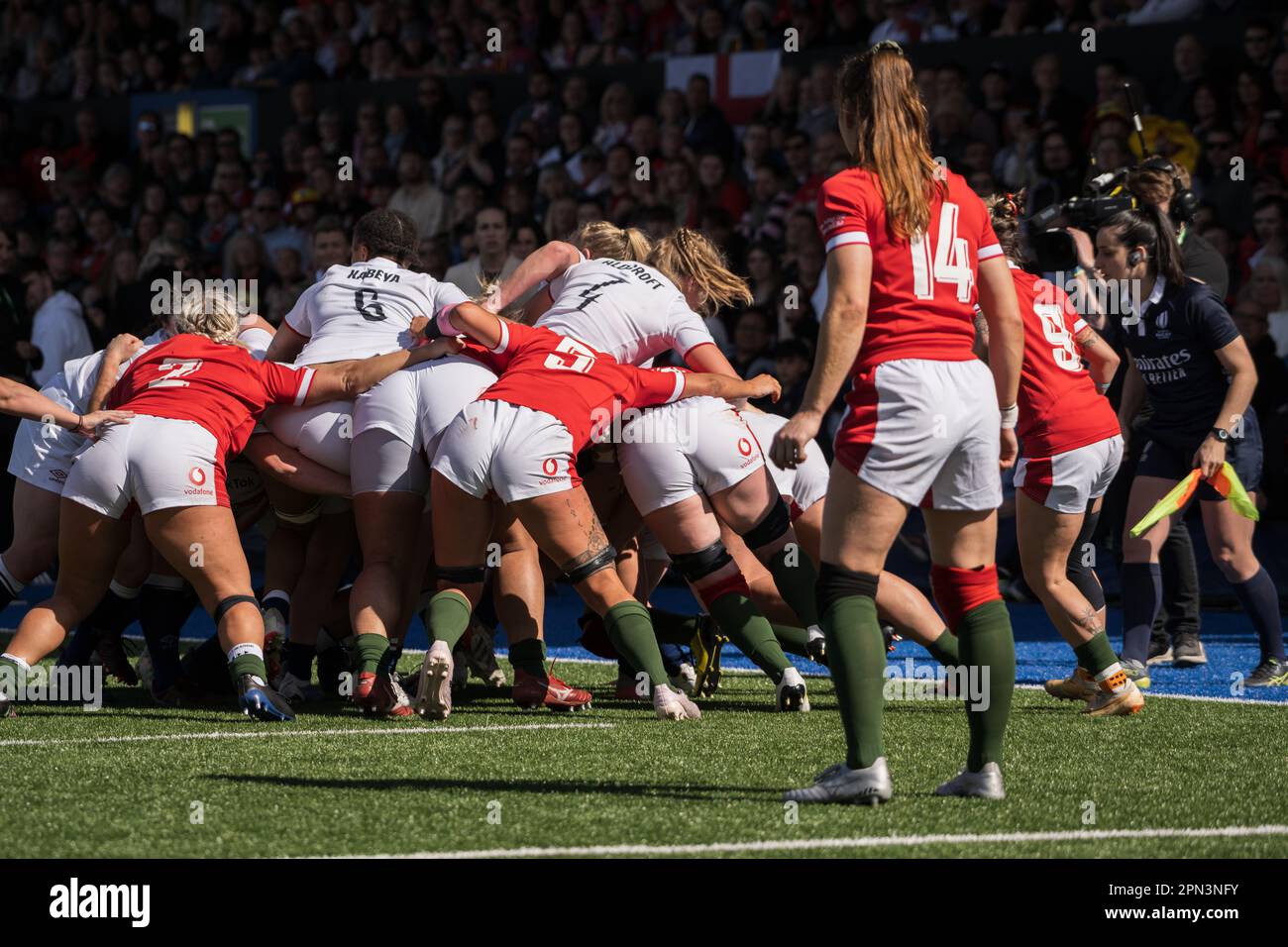 Cardiff, Wales. 15th April 2023. Lisa Neumann watches over scrum during ...