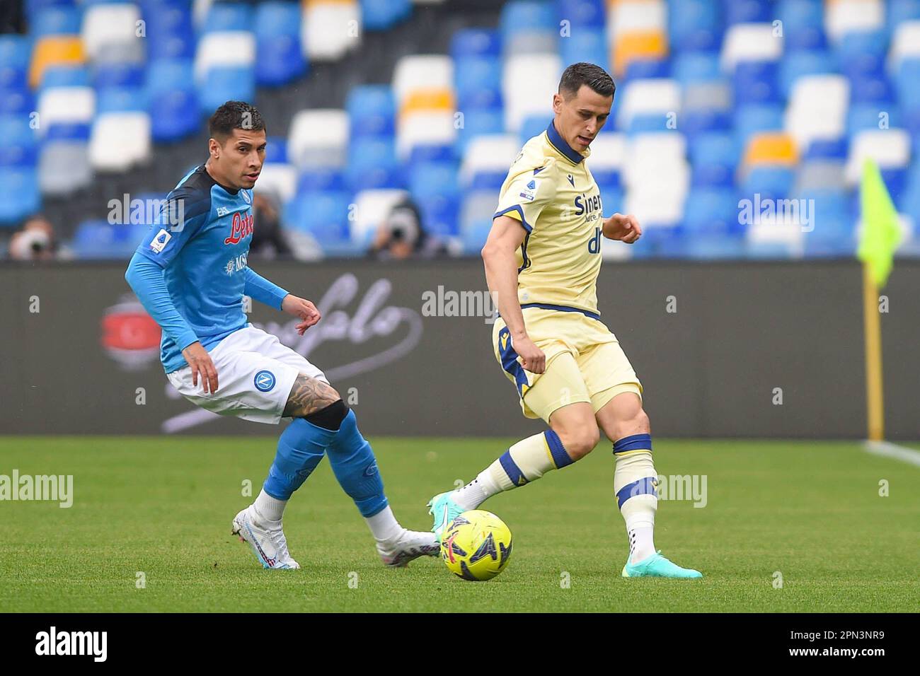 Naples, Italy. 15 Apr, 2023. Kevin Lasagna of Hellas Verona competes ...