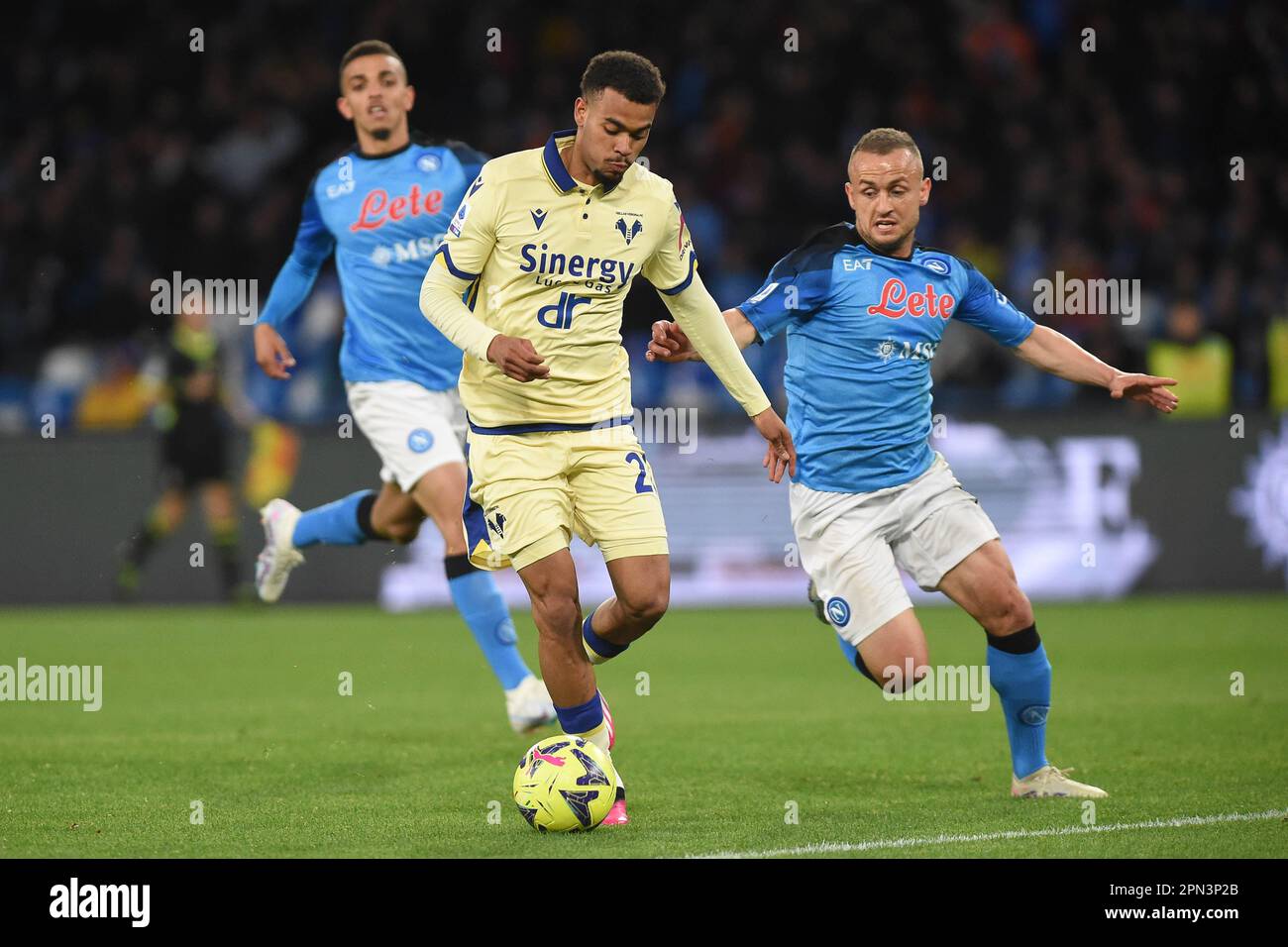 Naples, Italy. 15 Apr, 2023. Cyril Ngonge of Hellas Verona competes for ...