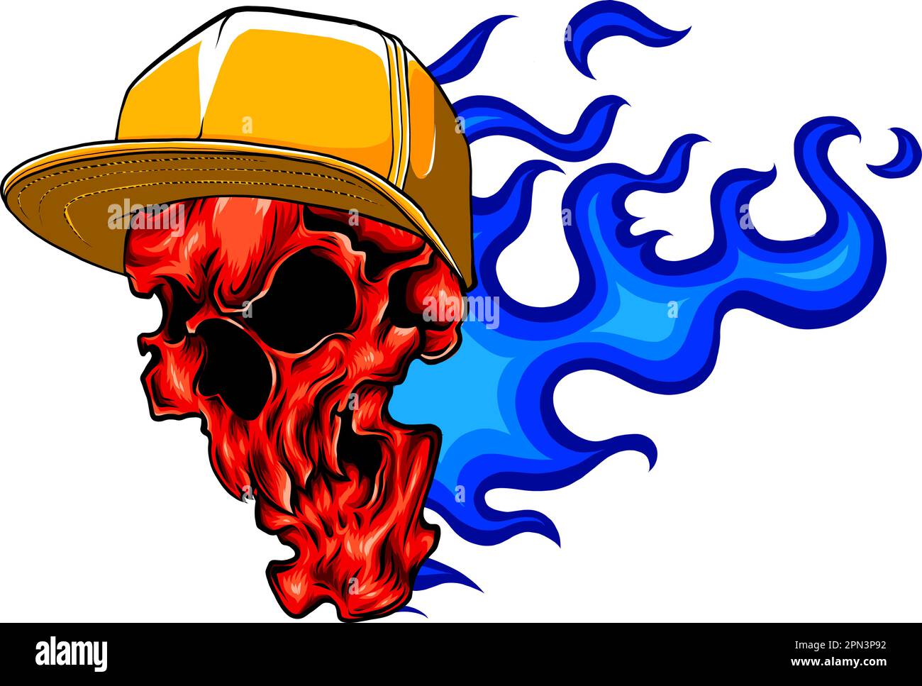 illustration of red Skull with yellow hat and blue fire vector logo ...