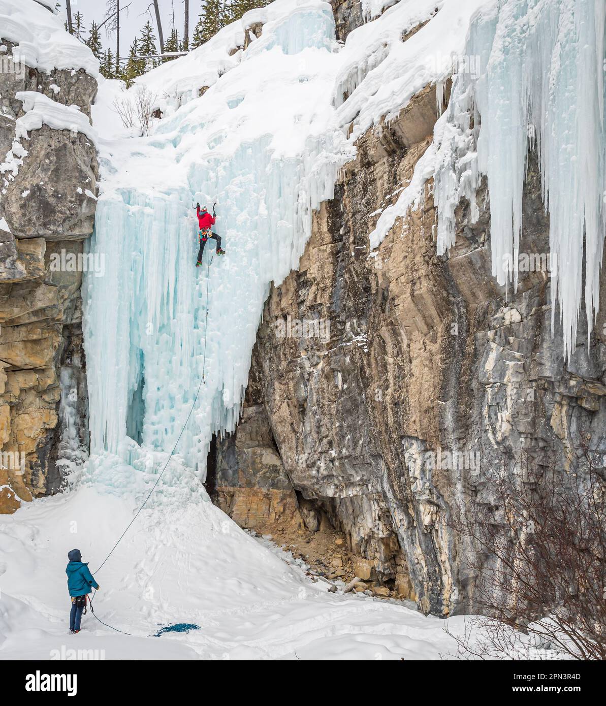 Brandon Prince and Rowan Lovell climbing Main Ice Wall WI4 in Haffner ...