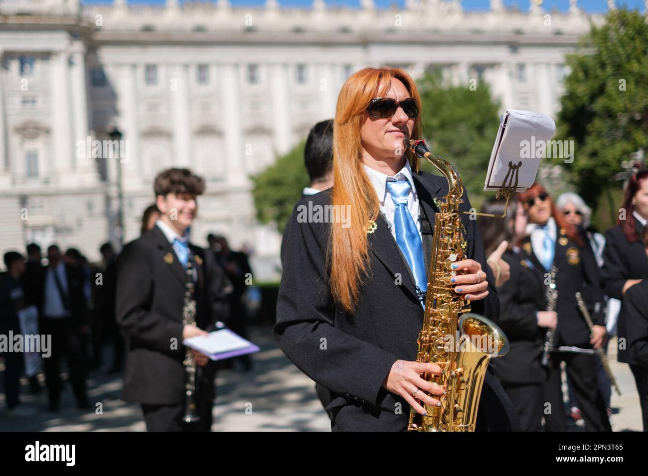 Madrid, Spain. 16th Apr, 2023. A woman plays the saxophone during a ...