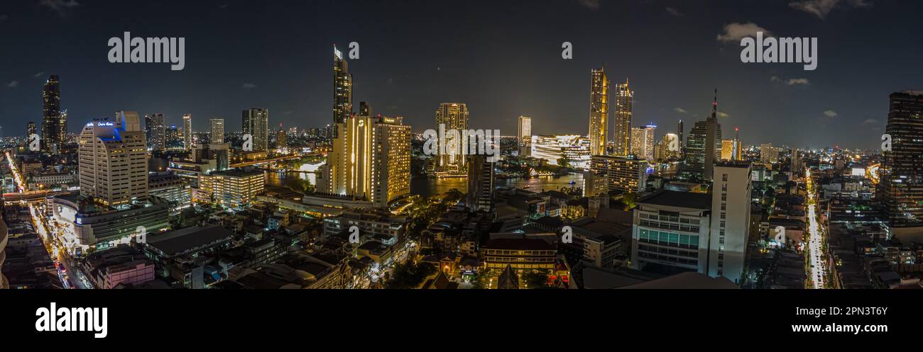 View over the illuminated skyline of Bangkok from aerial position at ...