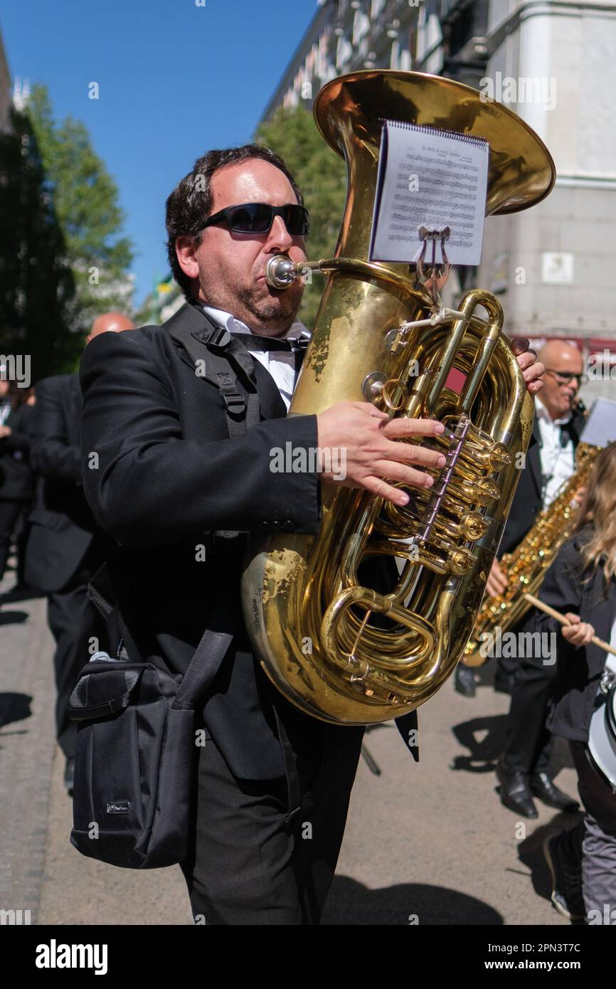 Madrid, Spain. 16th Apr, 2023. A musician plays the tuba during a ...