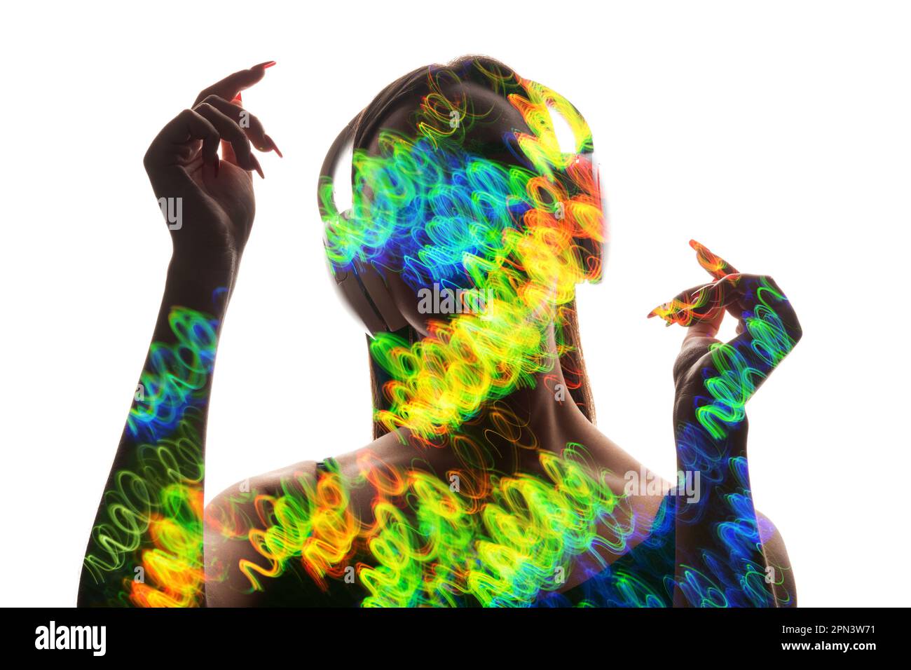 Trance music neon glow woman silhouette headphones Stock Photo - Alamy