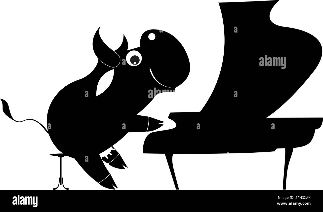 Cute cow a pianist. Smiling cow is playing music on piano and singing ...