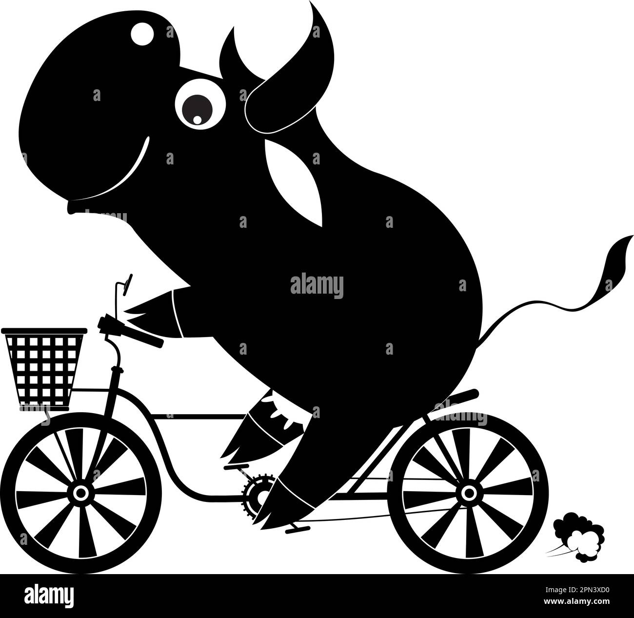 Cycling cute cow. Smiling cow riding a bike. Black and white Stock ...