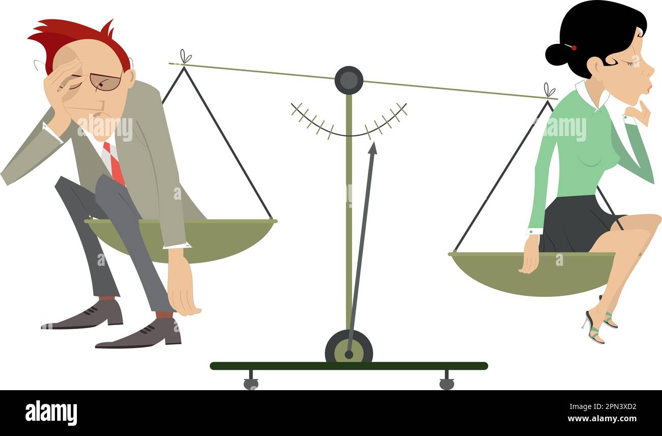 Scale. Quarrel between man and woman. Problem. Thinking man sitting on ...