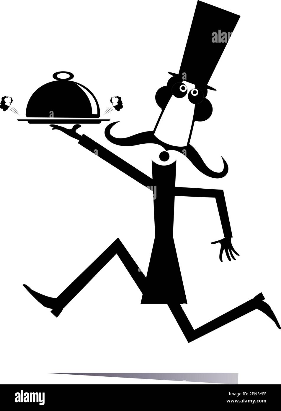 Man carries a cloche serving plate. Running long mustache man in the ...