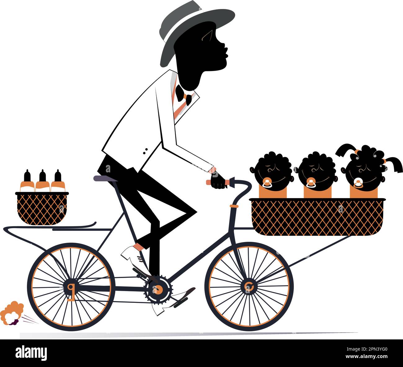 African man and three babies ride on the bike. Happy African man riding ...