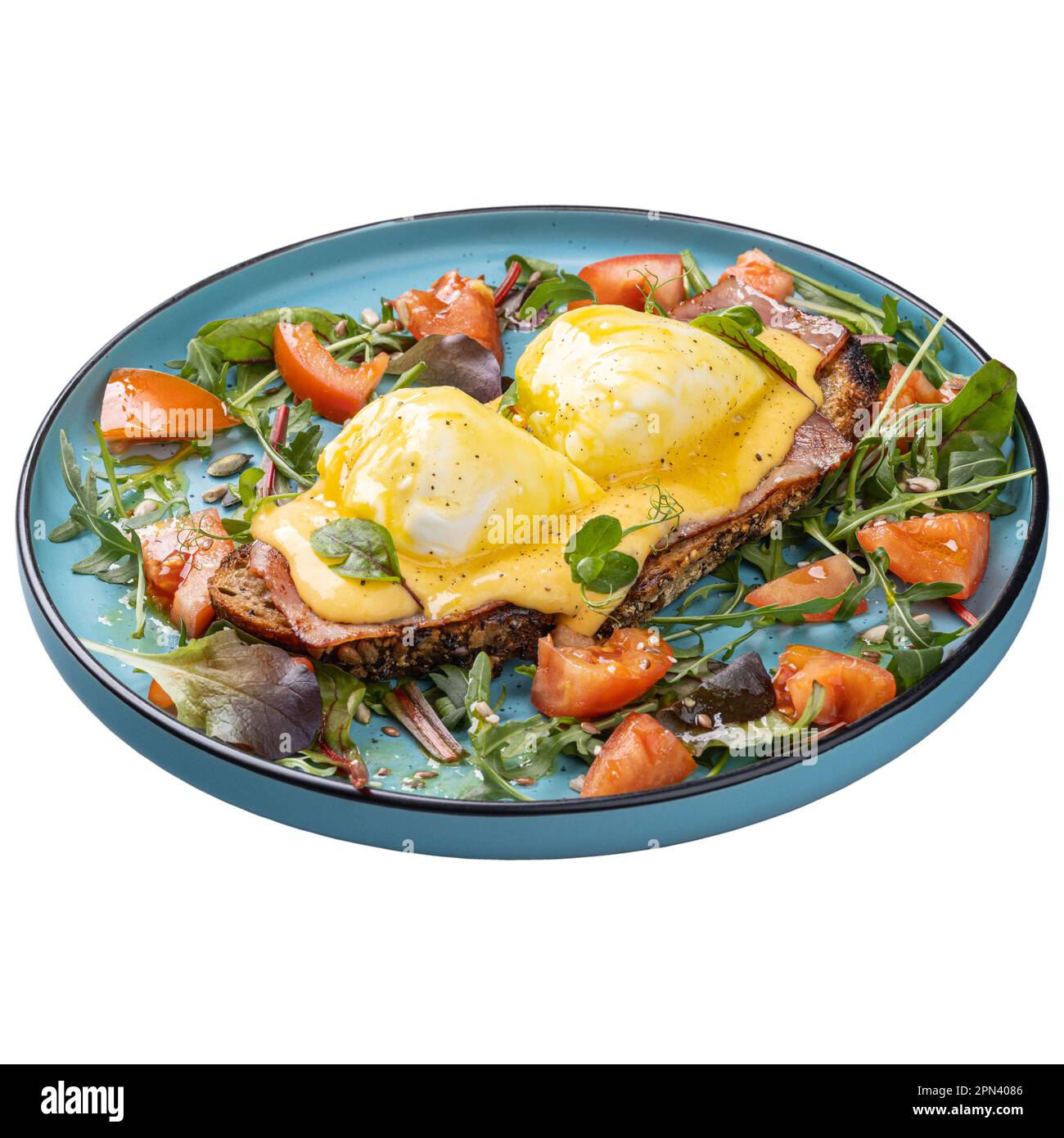 Restaurant breakfast menu concept, poached eggs on multigrain bread ...