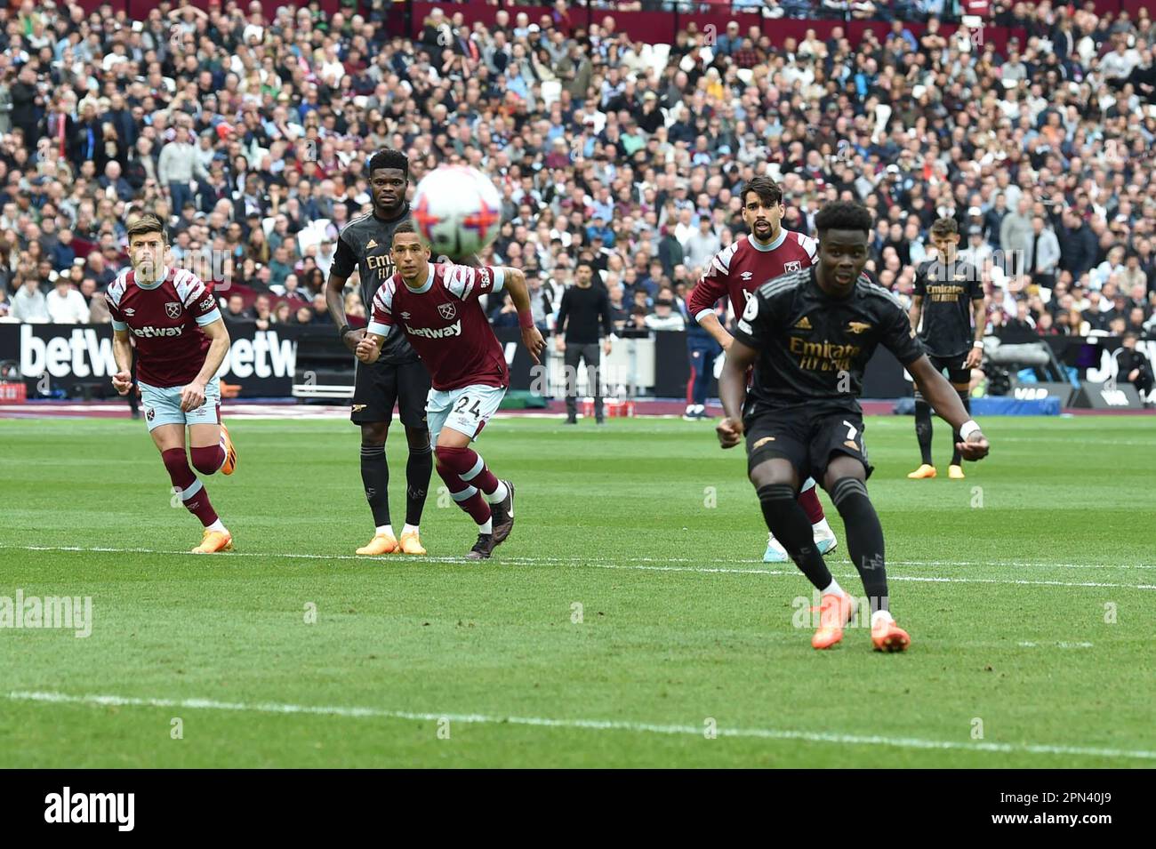 London, UK. 16th Apr, 2023. Bukayo Saka of Arsenal FC sees his penalty ...