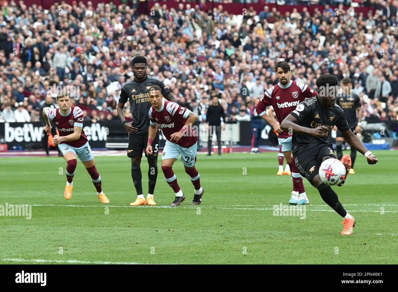 London, UK. 16th Apr, 2023. Bukayo Saka of Arsenal FC sees his penalty ...