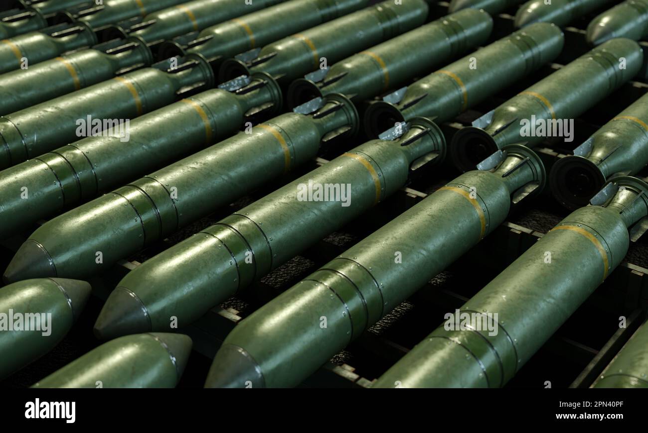 3d render illustration of a stacked world war era aircraft rockets on ...