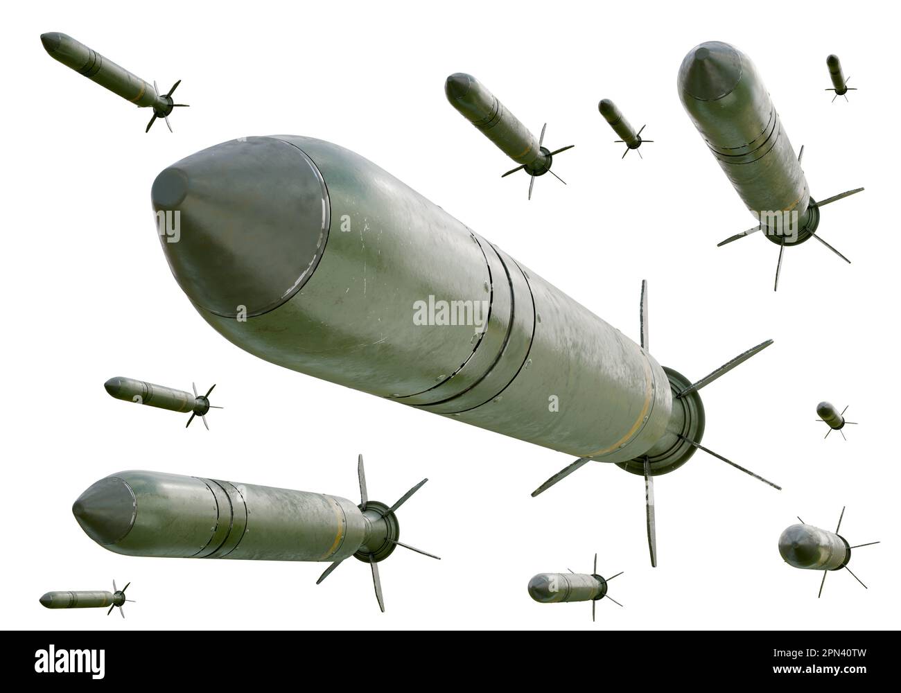 3d render illustration of a swarm of aircraft rockets from world war ...