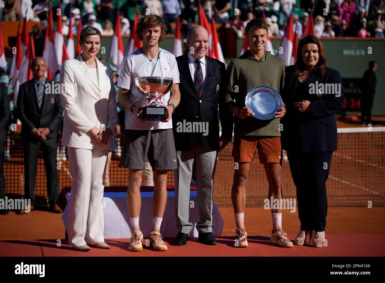 Andrey Rublev, of Russia, 2nd left, and Holger Rune, of Denmark, pose ...