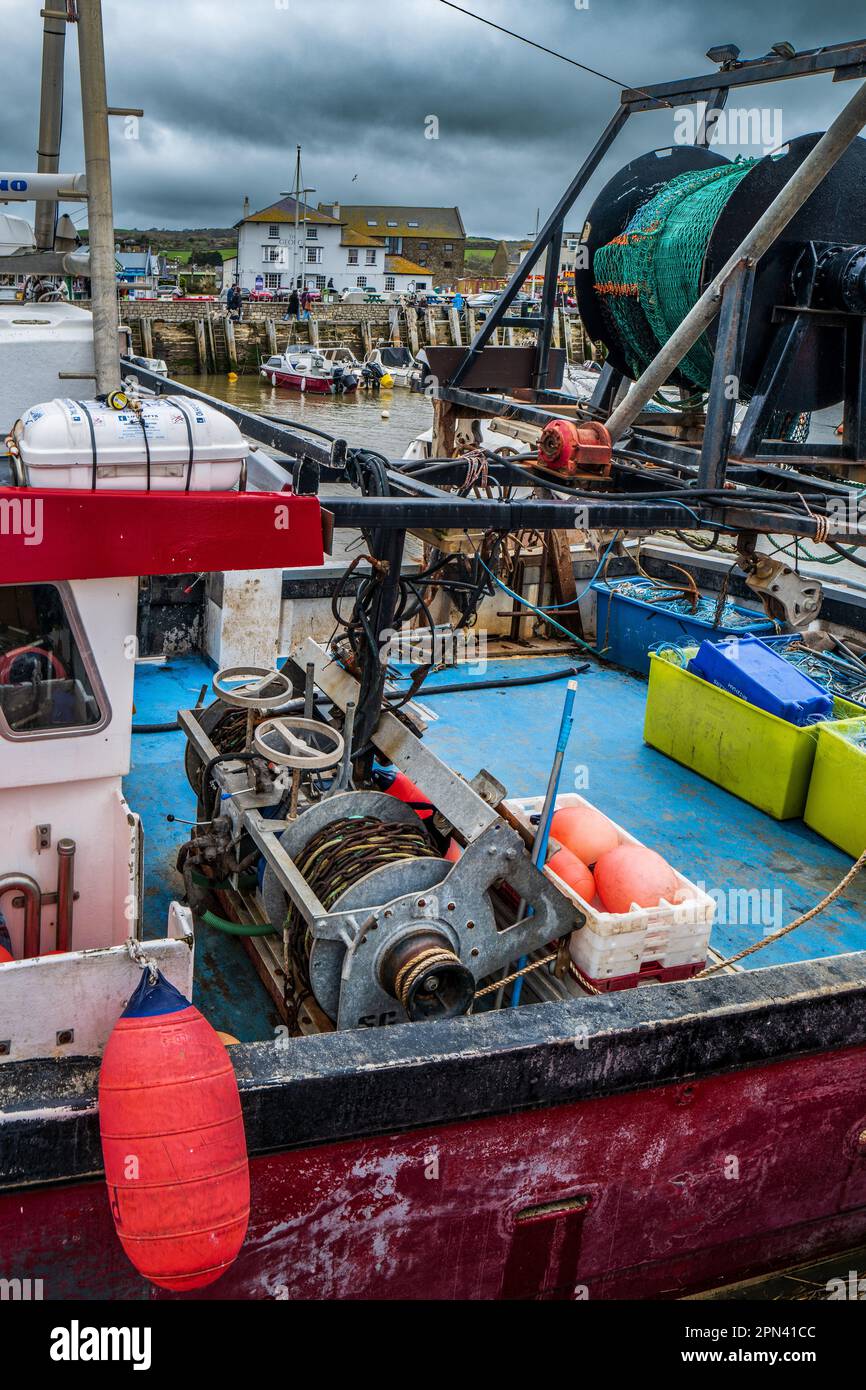 Fishing trawler with net winch. UK fishing industry. Concept. Food ...