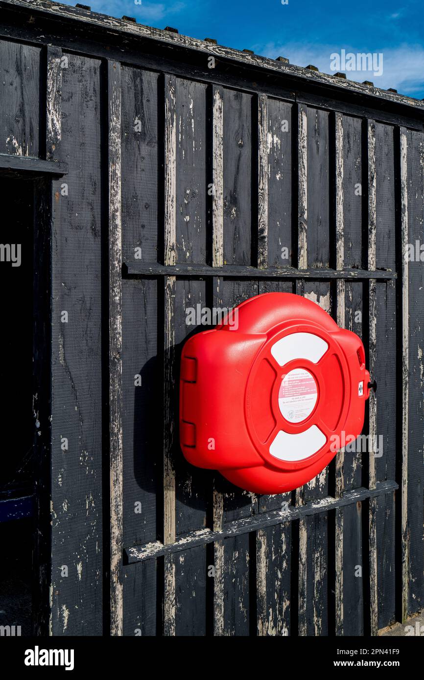afety equipment, Life buoy or rescue buoy on quayside hut ready rescue ...