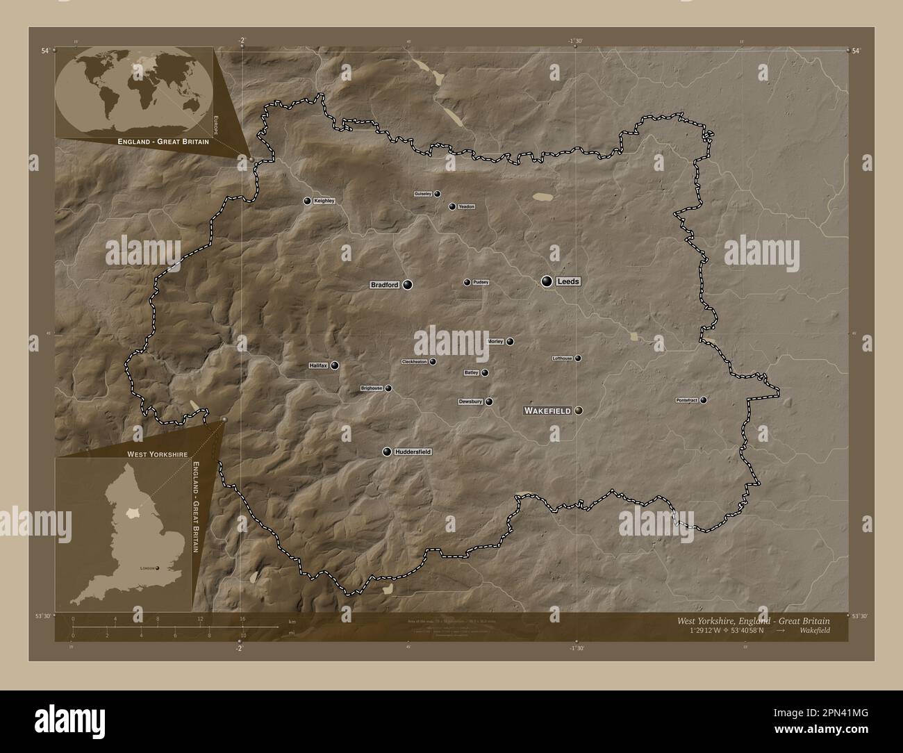 West Yorkshire, region of England - Great Britain. Elevation map ...